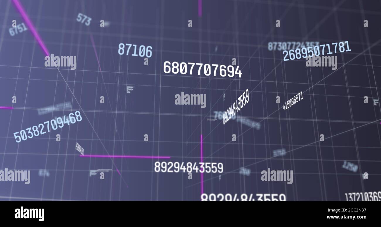 Digital image of multiple changing numbers on grid network against blue background Stock Photo ...