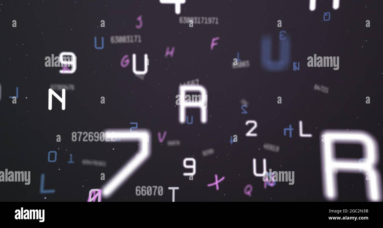 Digital image of multiple numbers and alphabets floating against black ...