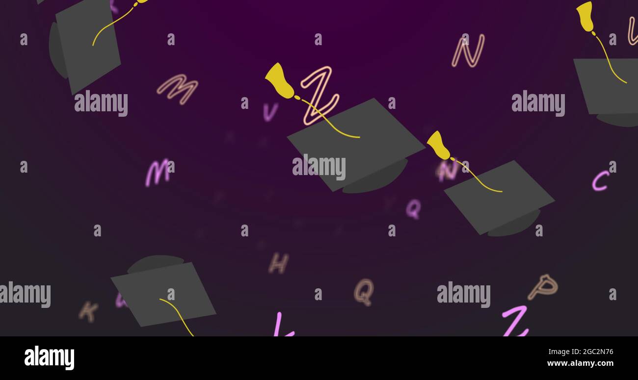 Digital image of multiple graduation hats falling against multiple ...