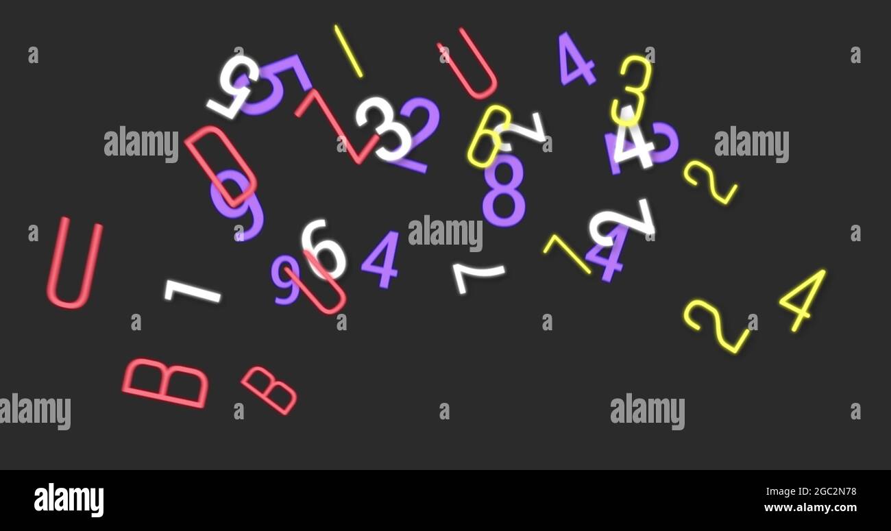 Digital image of multiple changing numbers and alphabets floating against black background Stock ...
