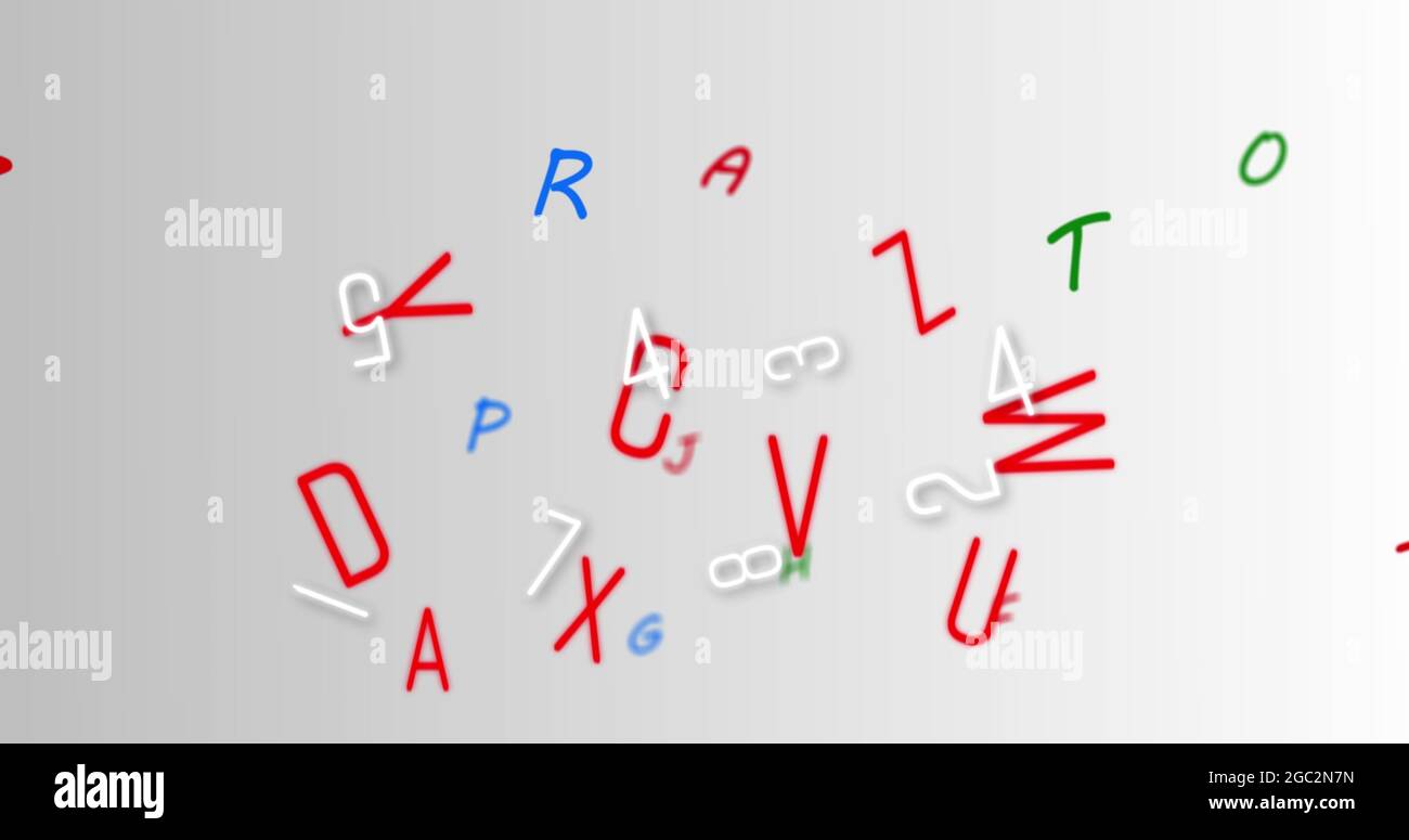 Digital image of multiple changing numbers and alphabets against grey ...