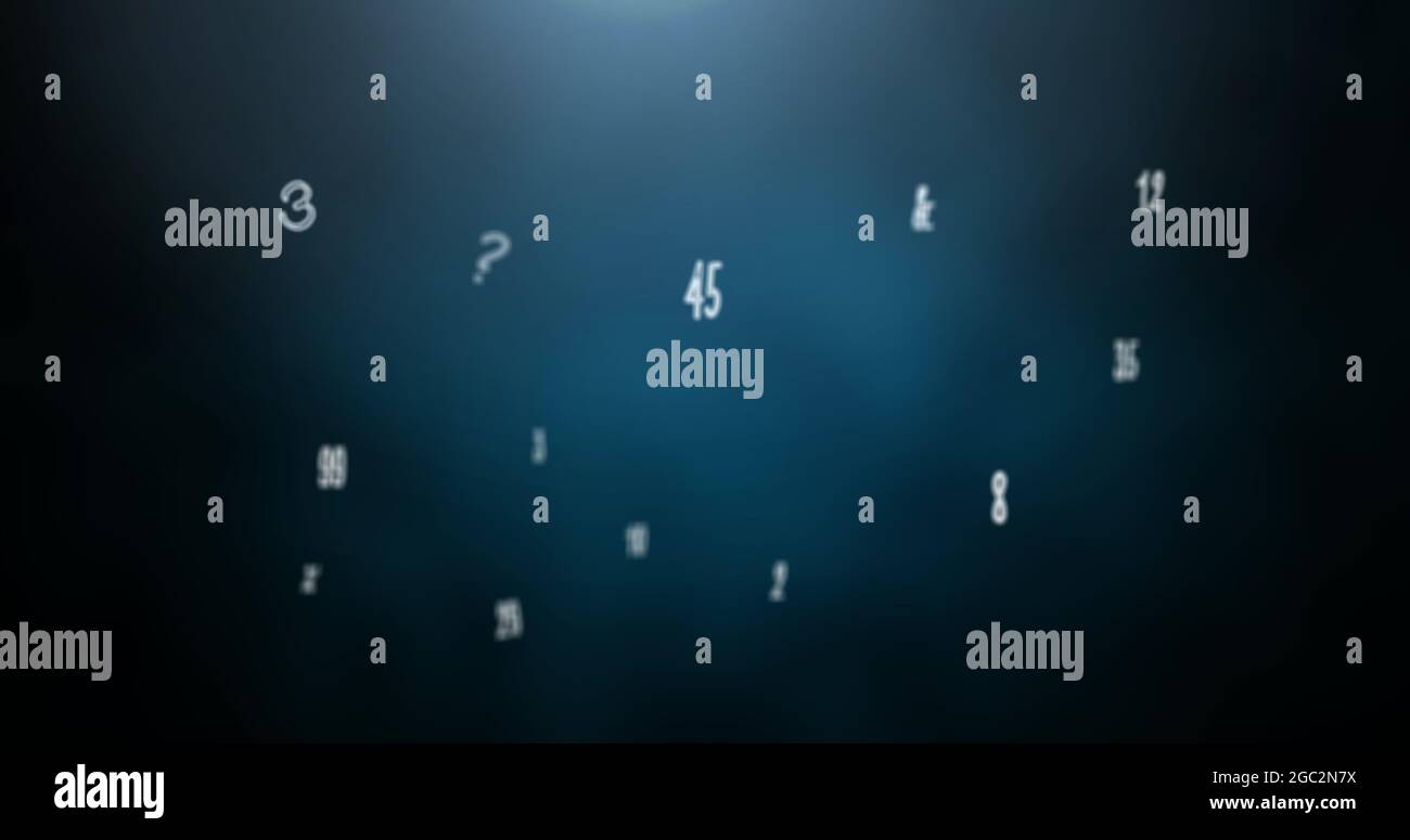 Digital image of multiple numbers and symbols floating against blue ...
