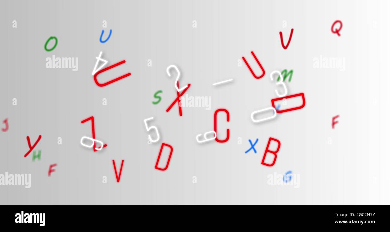 Digital image of multiple changing numbers and alphabets against grey ...