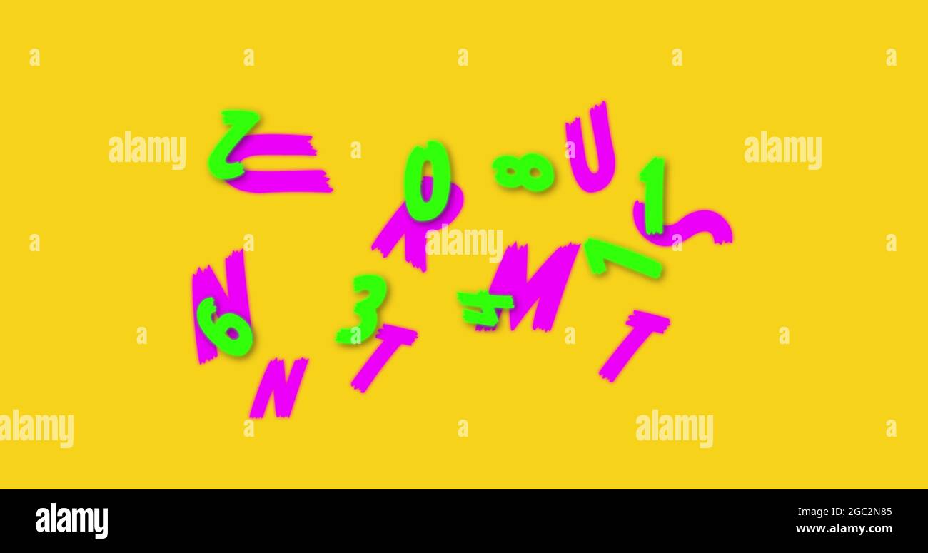 Digital image of changing numbers and alphabets floating against yellow ...