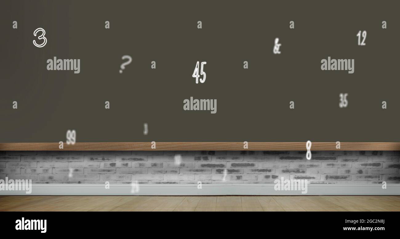 Digital image of multiple numbers and symbols floating against brick ...