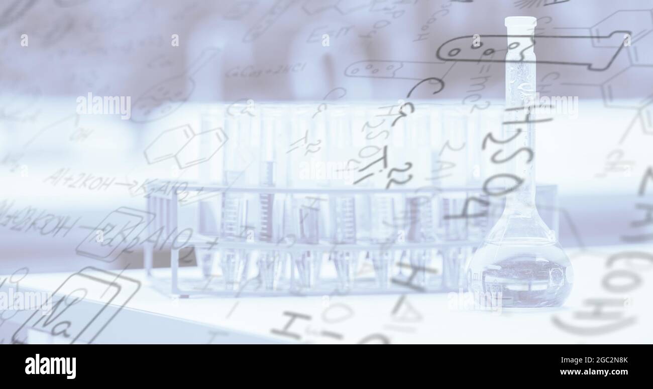 Chemical structures and equations floating over chemistry equipment in ...