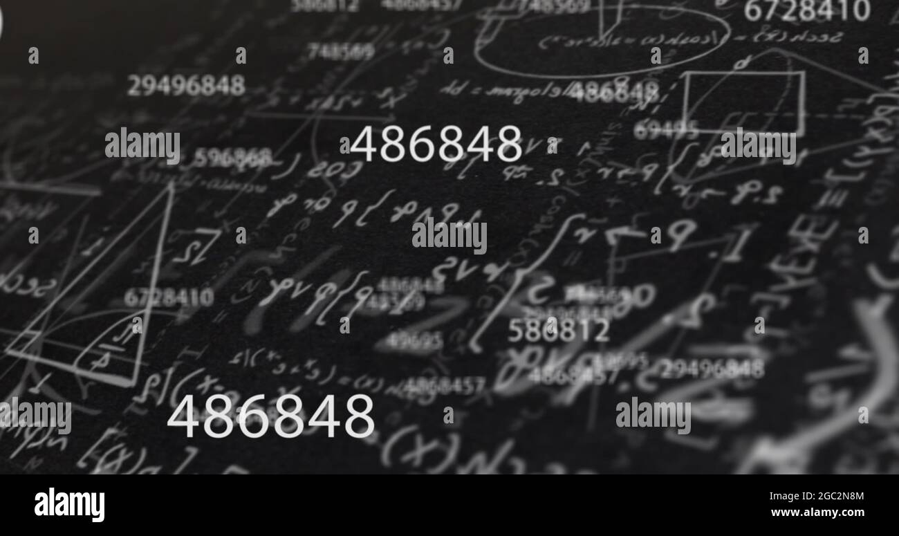Digital image of changing numbers against mathematical equations on ...