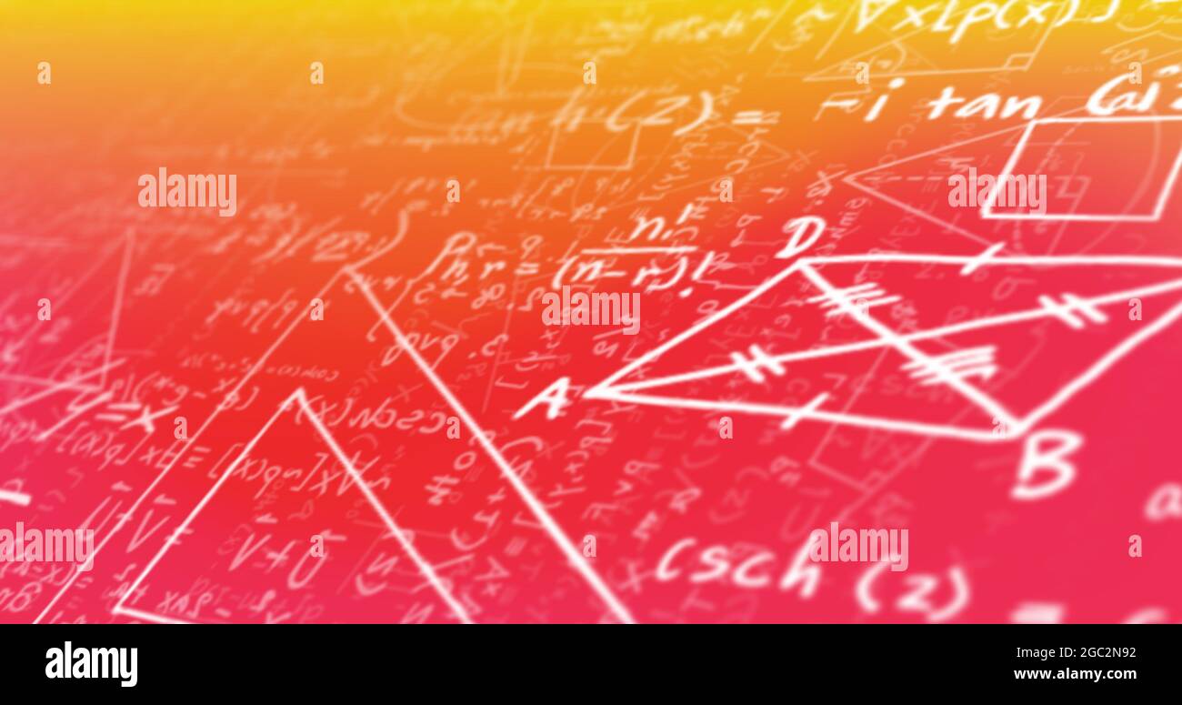 Mathematical diagrams and equations moving against orange and yellow ...