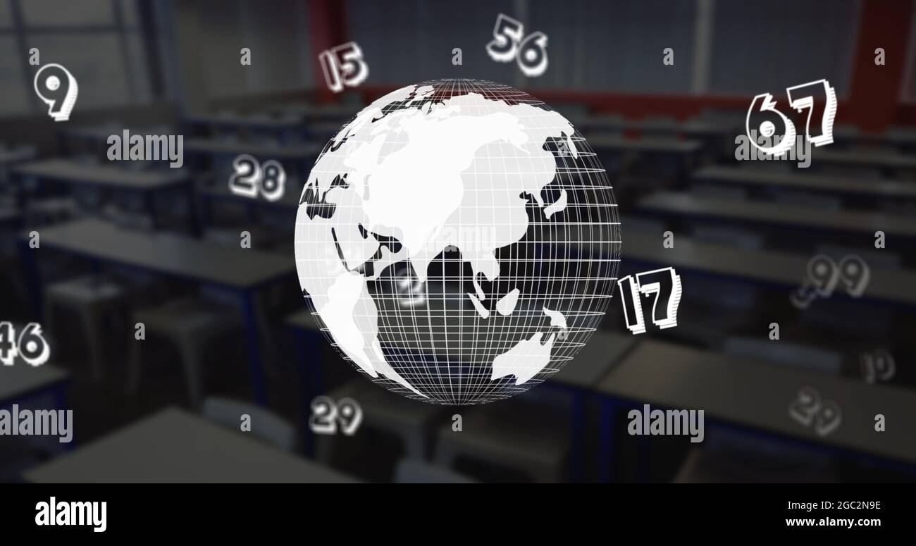 Digital composition of numbers floating over spinning globe against ...
