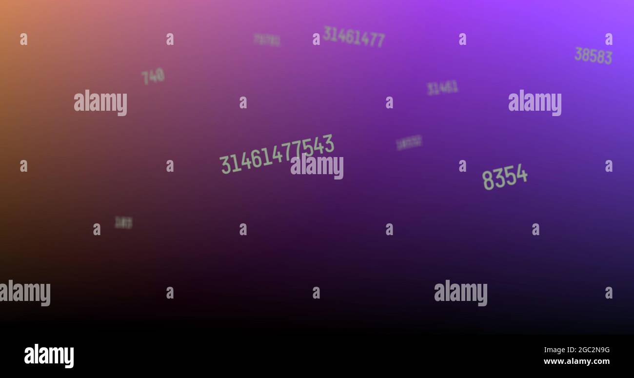 Digital image of multiple changing numbers floating against purple and orange gradient backgroun ...
