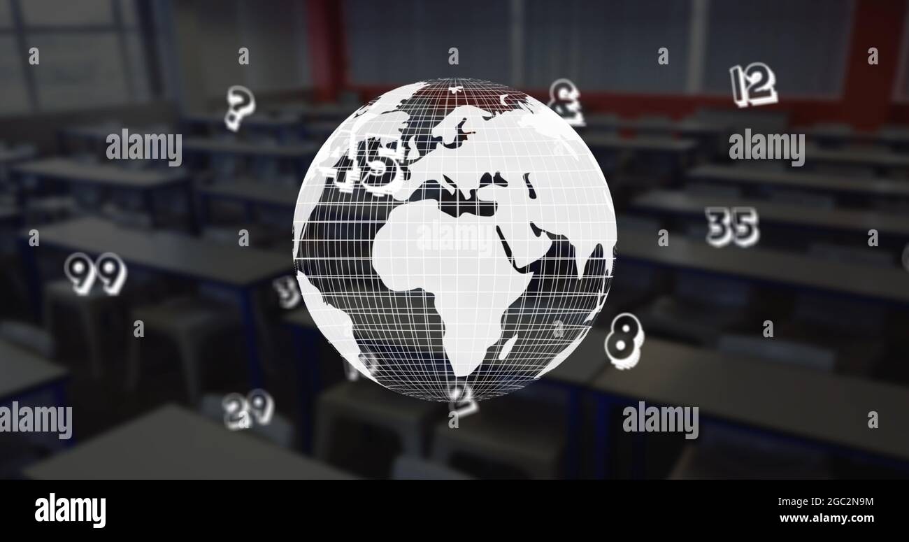 Digital composition of numbers floating over spinning globe against ...