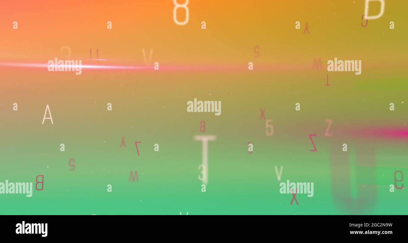 Multiple alphabets and numbers floating against green and orange ...