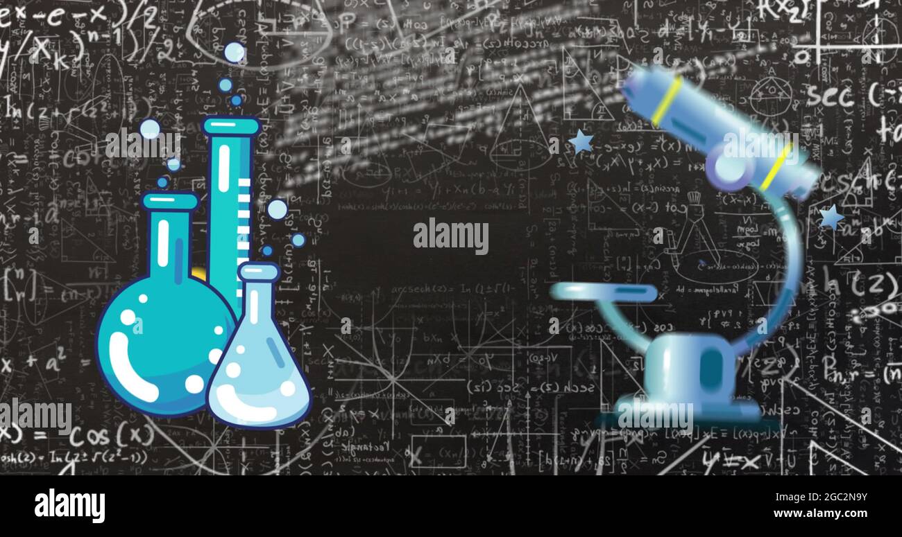 Digital image of laboratory equipment icons against mathematical ...