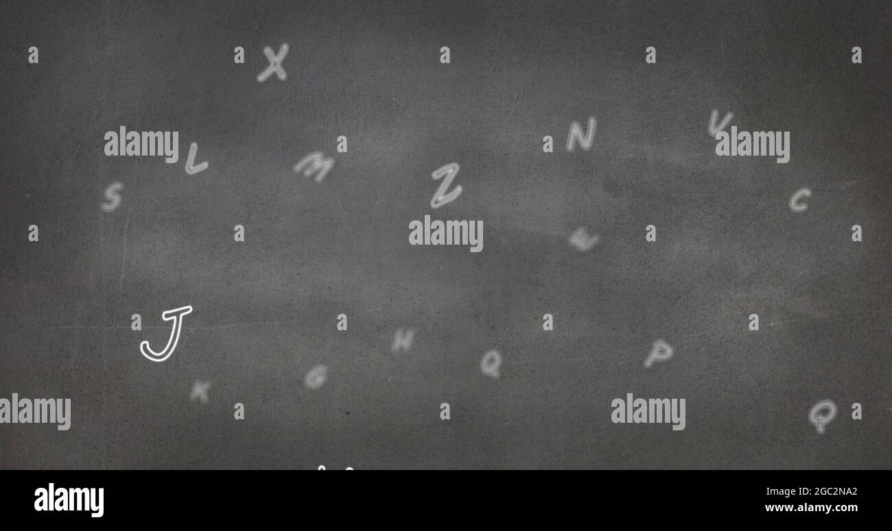 Digital image of english alphabets floating and moving against grey ...