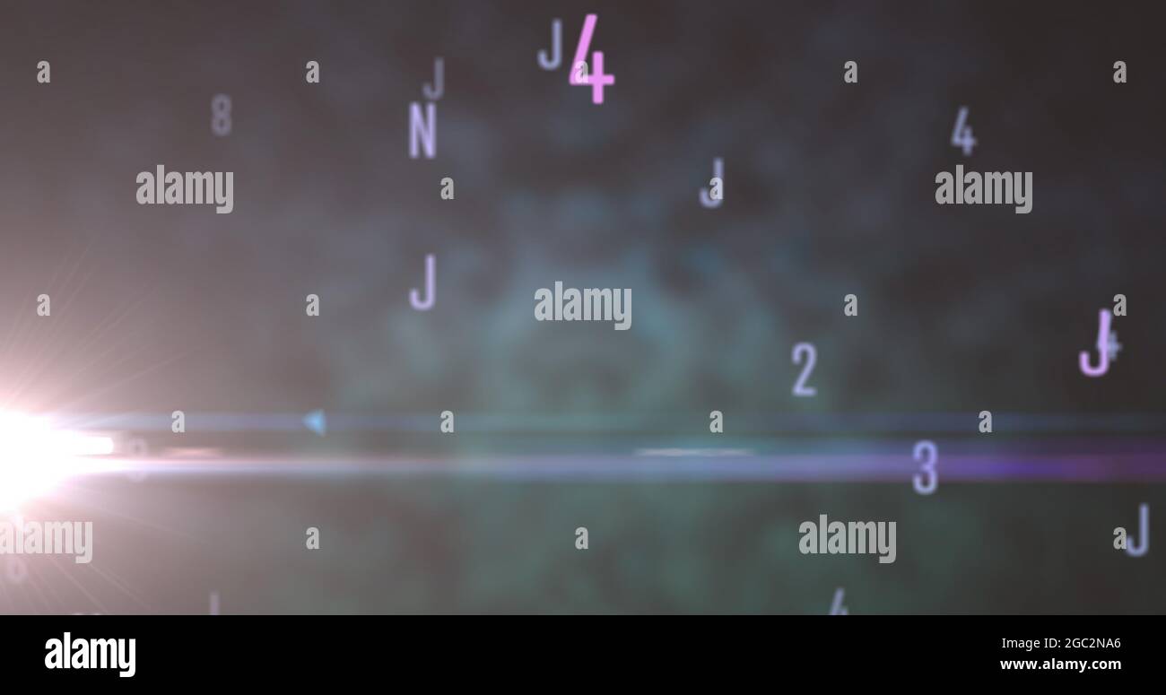 Digital image of changing numbers and alphabets against spot of light ...