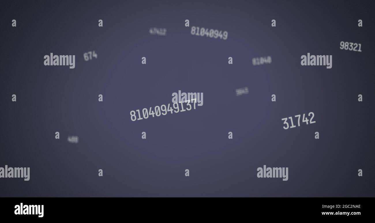 Digital image of multiple changing numbers falling against blue ...