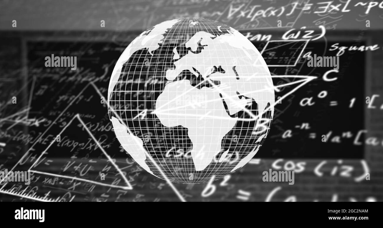 Digital image of globe spinning against mathematical equations on black ...