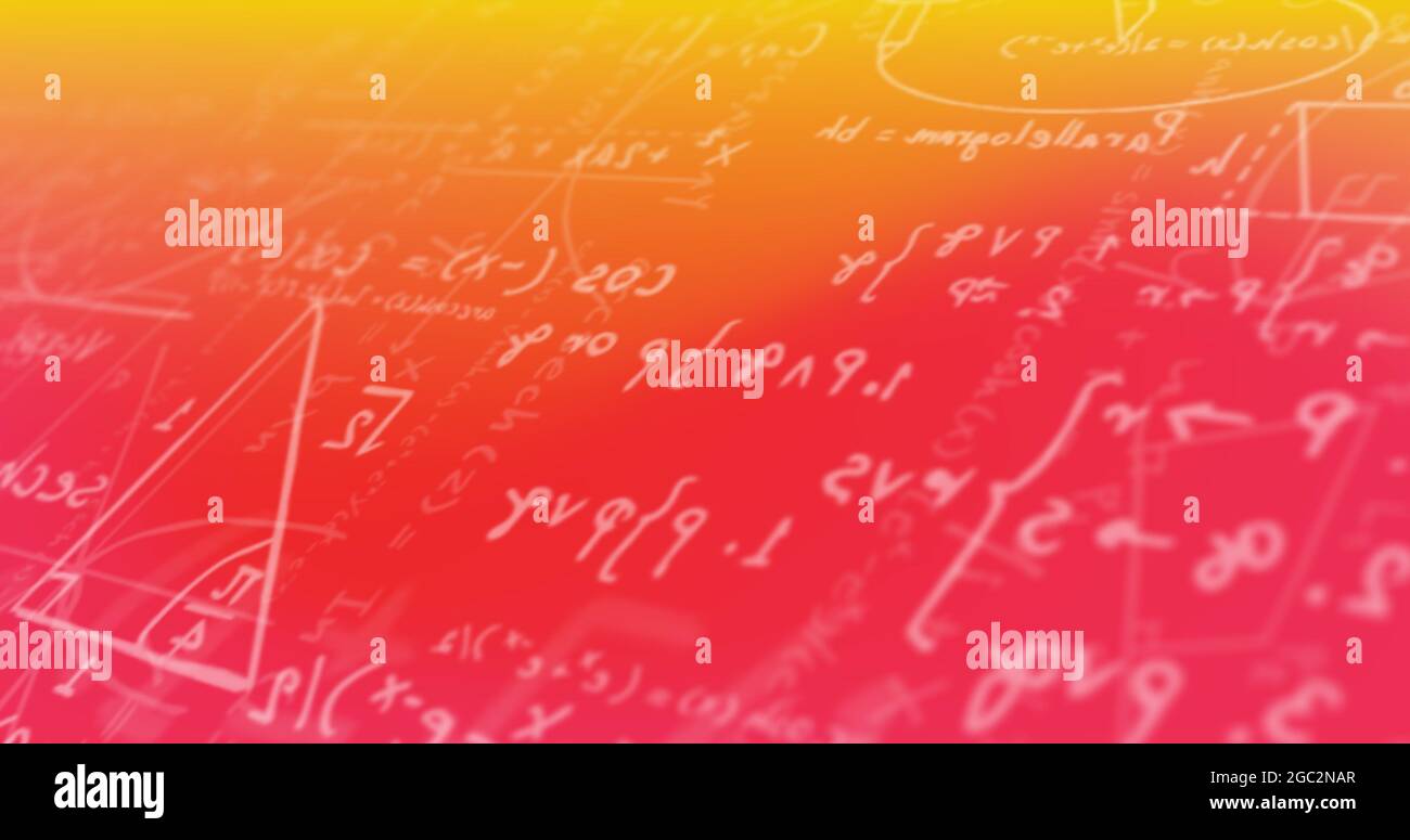 Mathematical diagrams and equations moving against orange and yellow ...