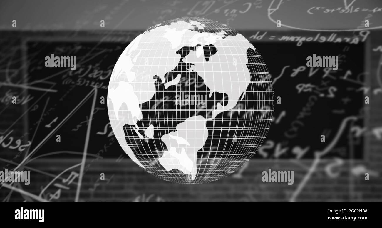 Digital image of globe spinning against mathematical equations on black ...