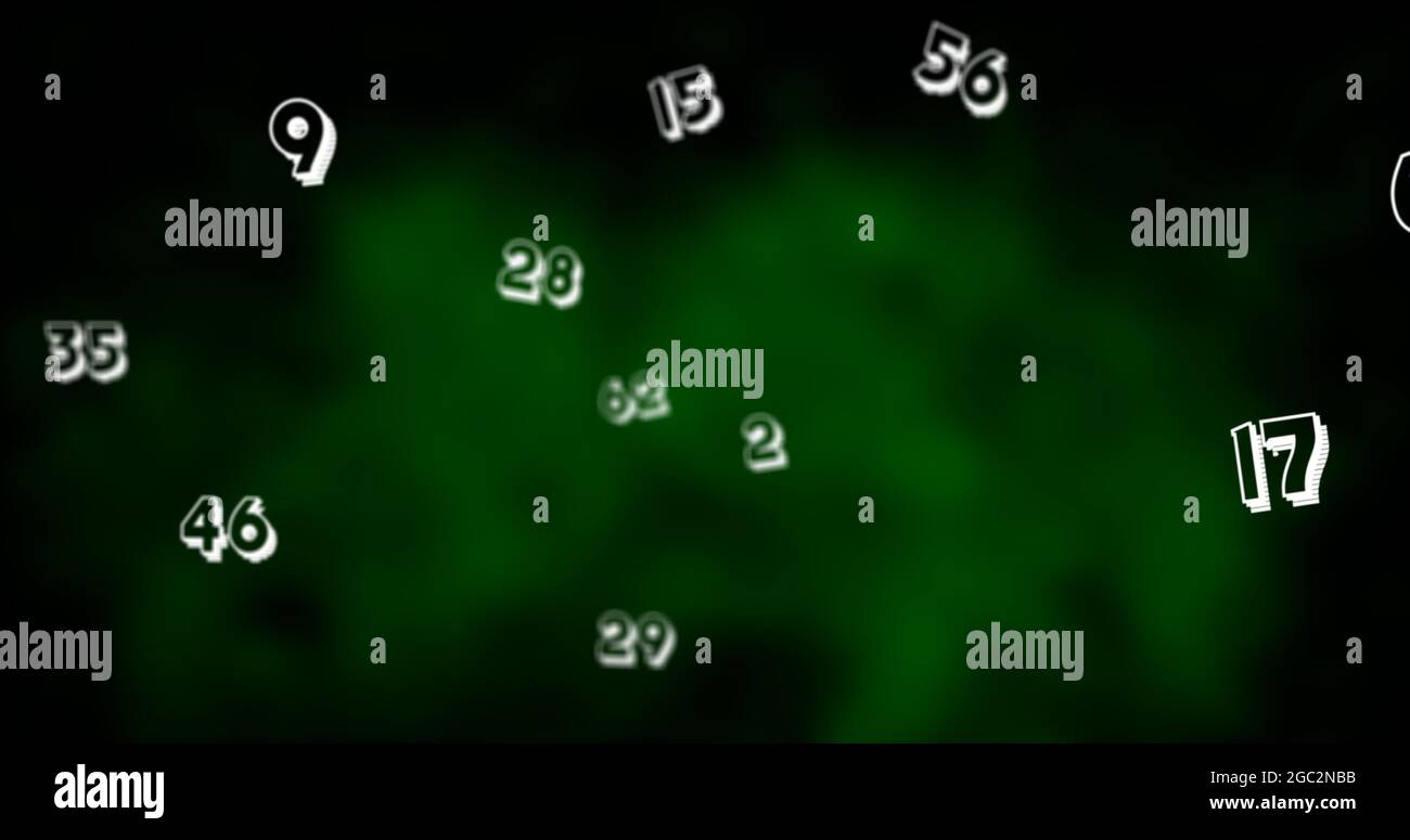 Digital image of multiple numbers floating against green and black ...