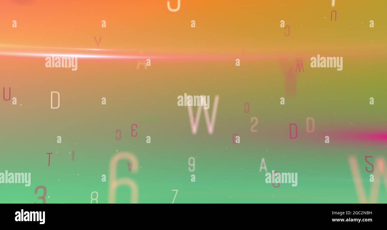Multiple alphabets and numbers floating against green and orange ...