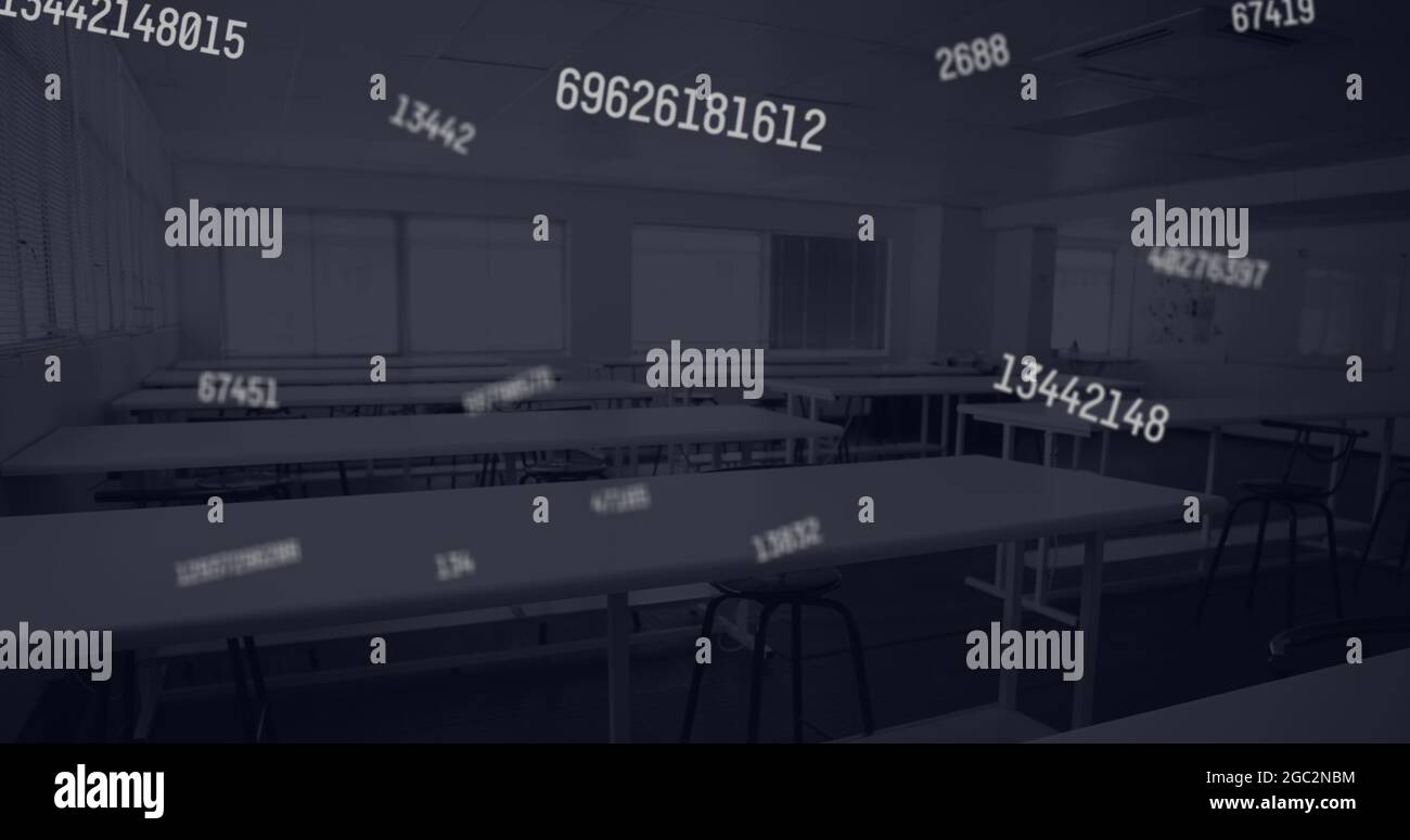 Digital composition of multiple changing numbers floating against empty classroom in background ...