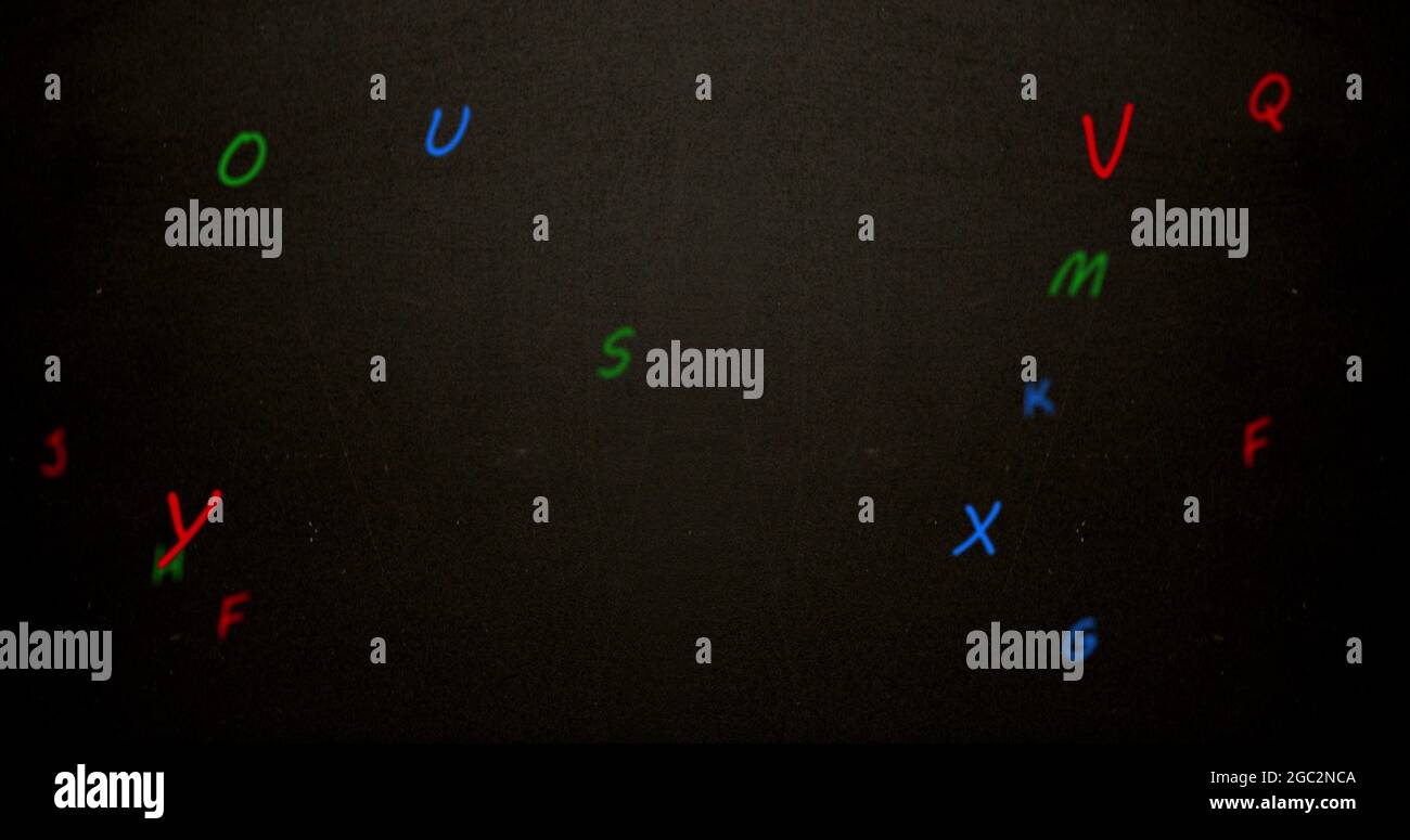 Digital image of multicolored english alphabets floating and moving against grey background ...