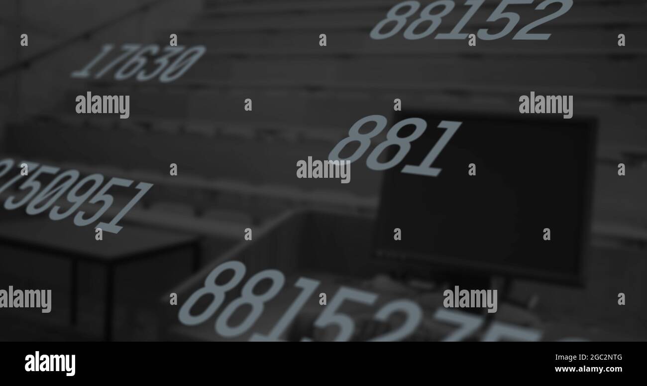 Image of multiple numbers changing over computer and empty university ...