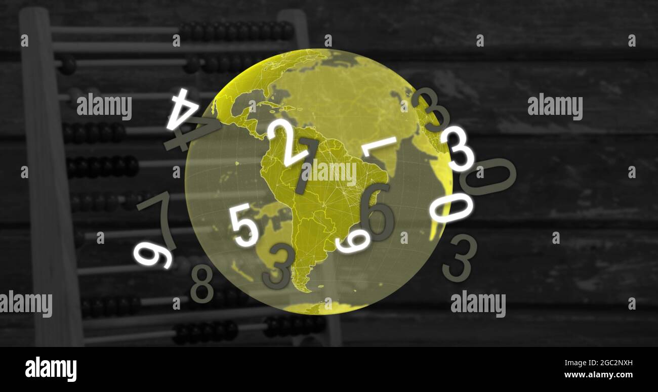 Digital composition of numbers changing over globe against abacus in background Stock Photo - Alamy