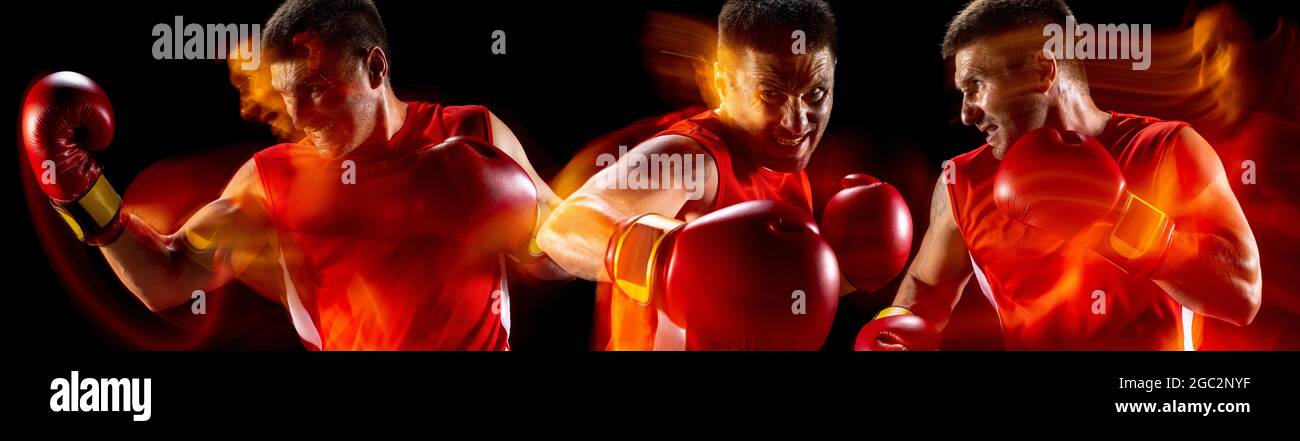 Sport collage. Professional male boxer in action, motion isolated on ...