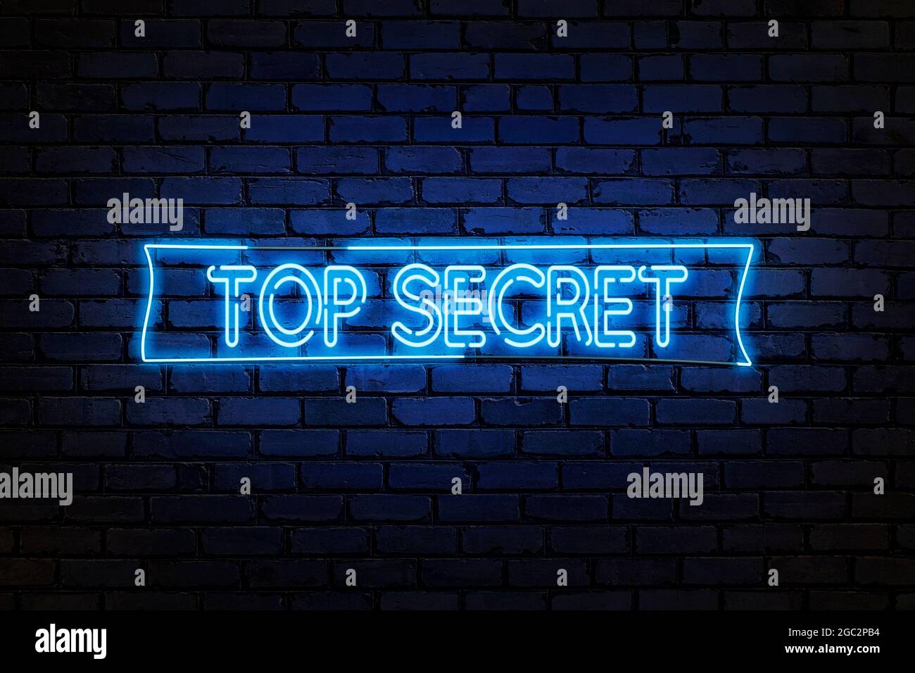 Top Secret neon light text on empty brick wall. Bright neon sign ...