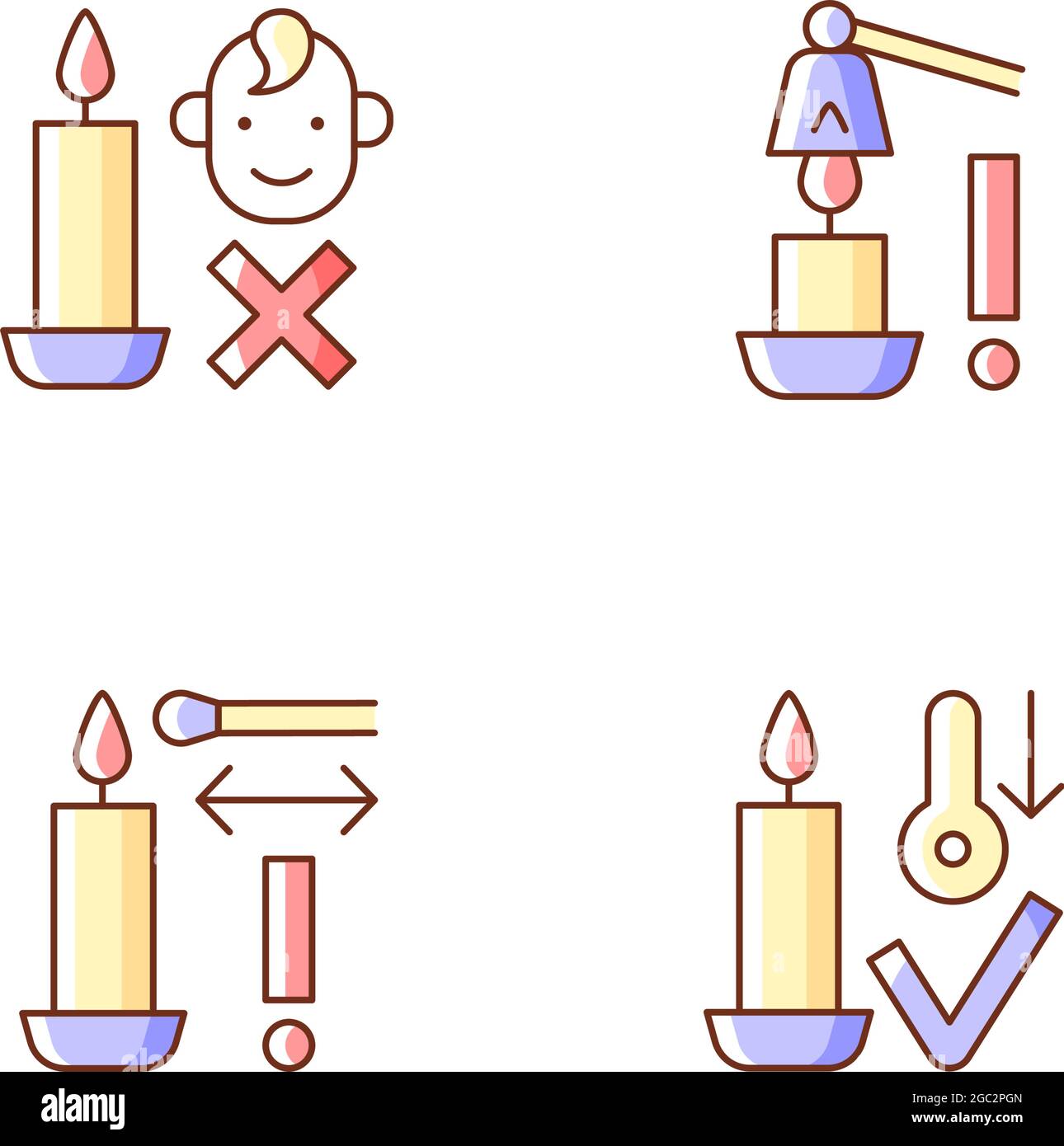 Burning candles safely RGB color manual label icons set Stock Vector ...