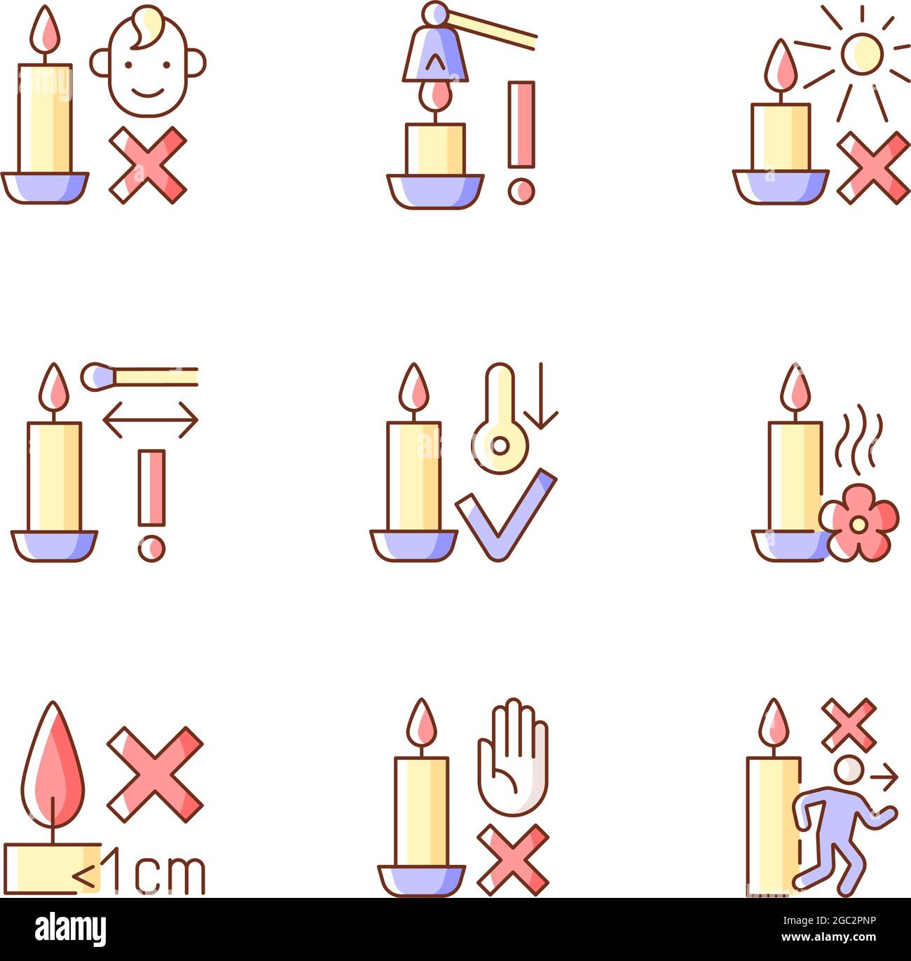 Candle safety precautions RGB color manual label icons set Stock Vector ...