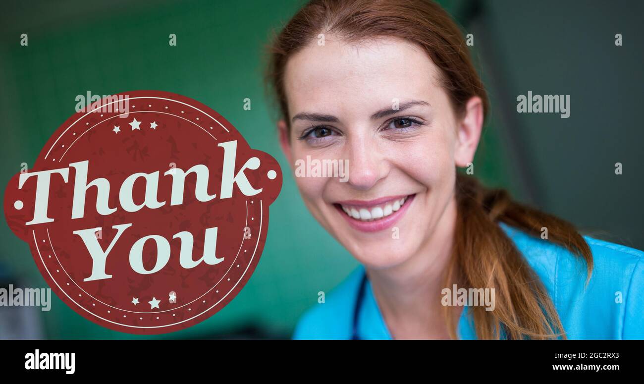 Animation of thank you text over female doctor smiling Stock Photo - Alamy