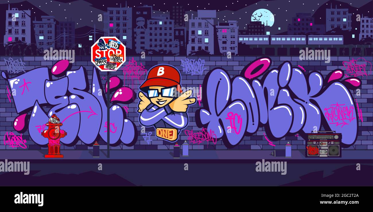 Dark Urban Graffiti Wall With Drawings At Night Against The Background ...