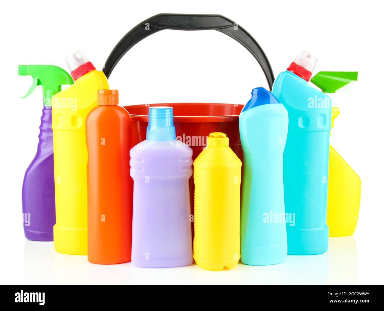 Colorful plastic detergent bottles with bucket, isolated on white Stock ...