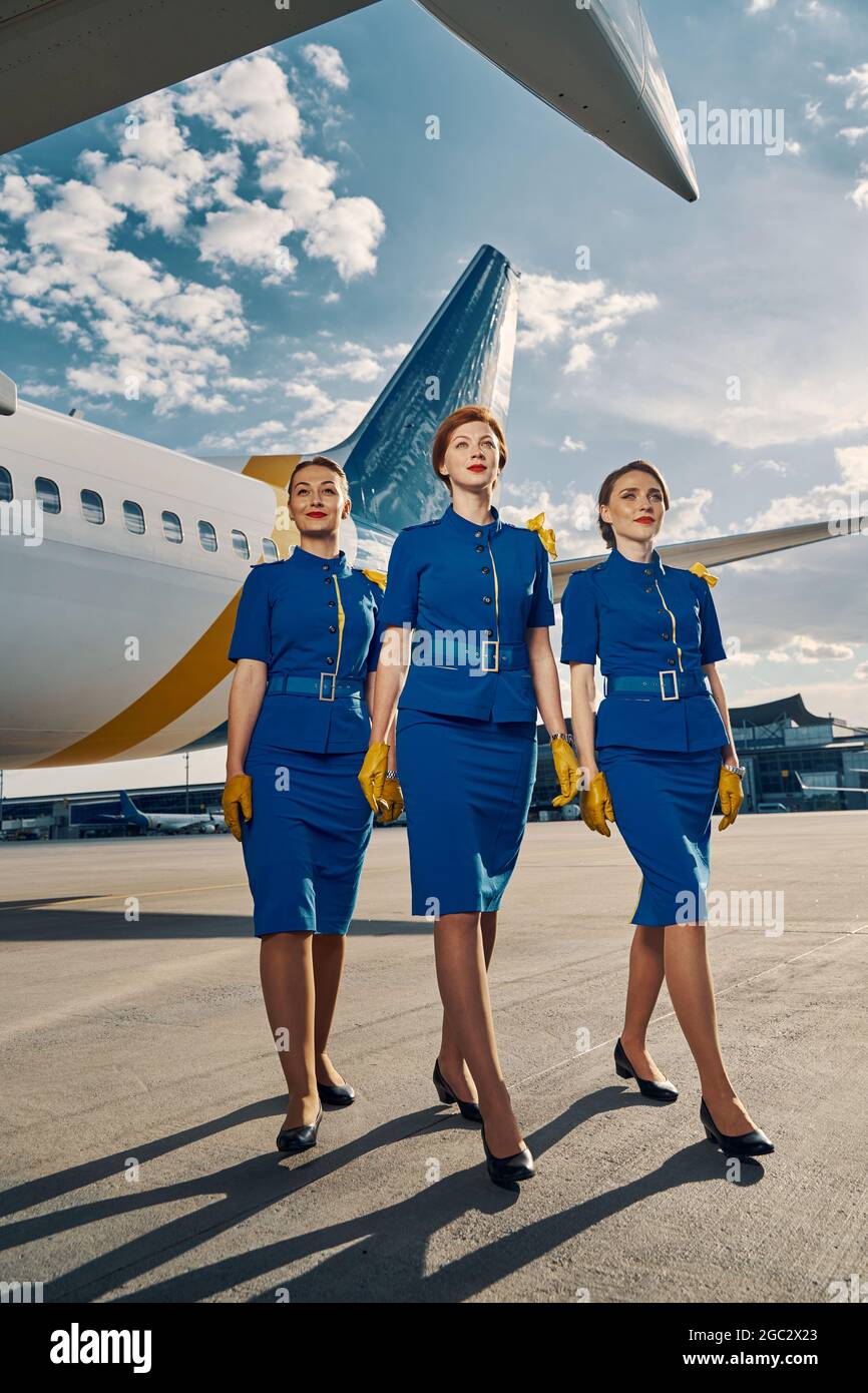 Group of charming air hostesses posing for the camera Stock Photo - Alamy