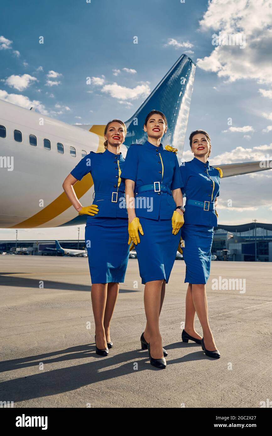 Group of smiling stewardesses standing by an aircraft Stock Photo - Alamy