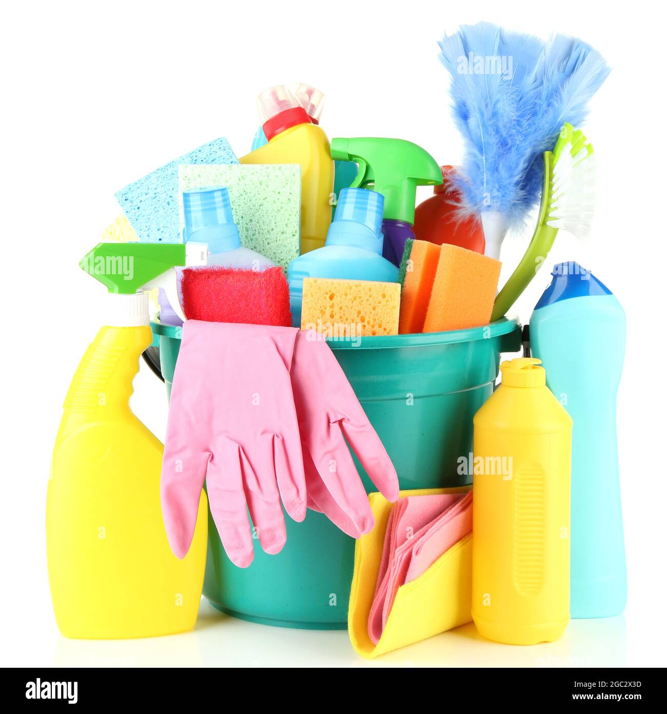 Cleaning items in bucket isolated on white Stock Photo - Alamy