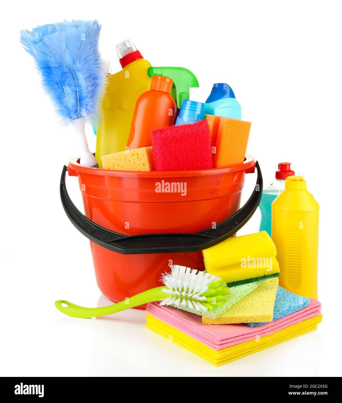 Cleaning items in bucket isolated on white Stock Photo - Alamy