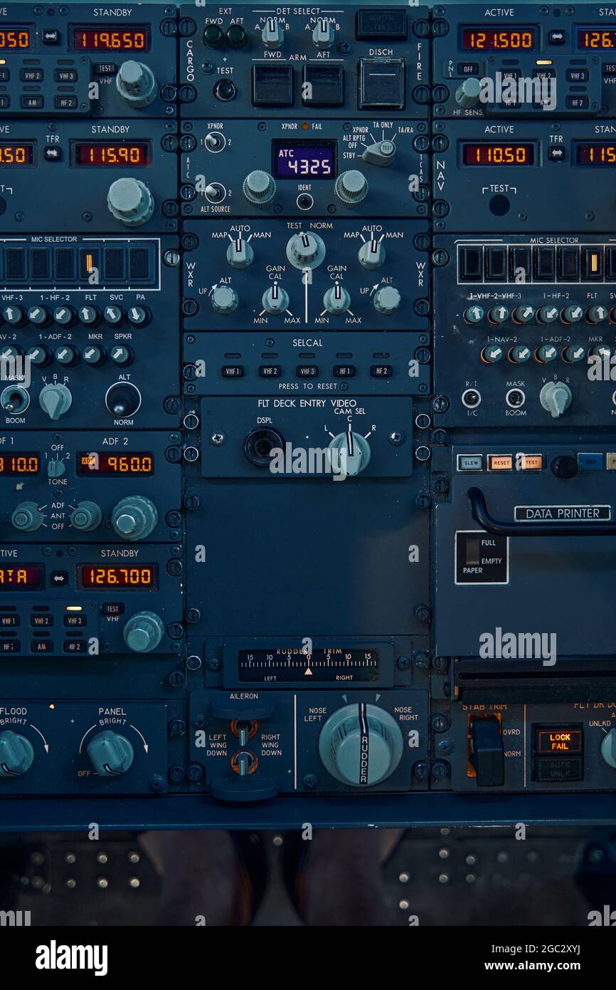 Flight controls on the dashboard used by professional aviators Stock ...