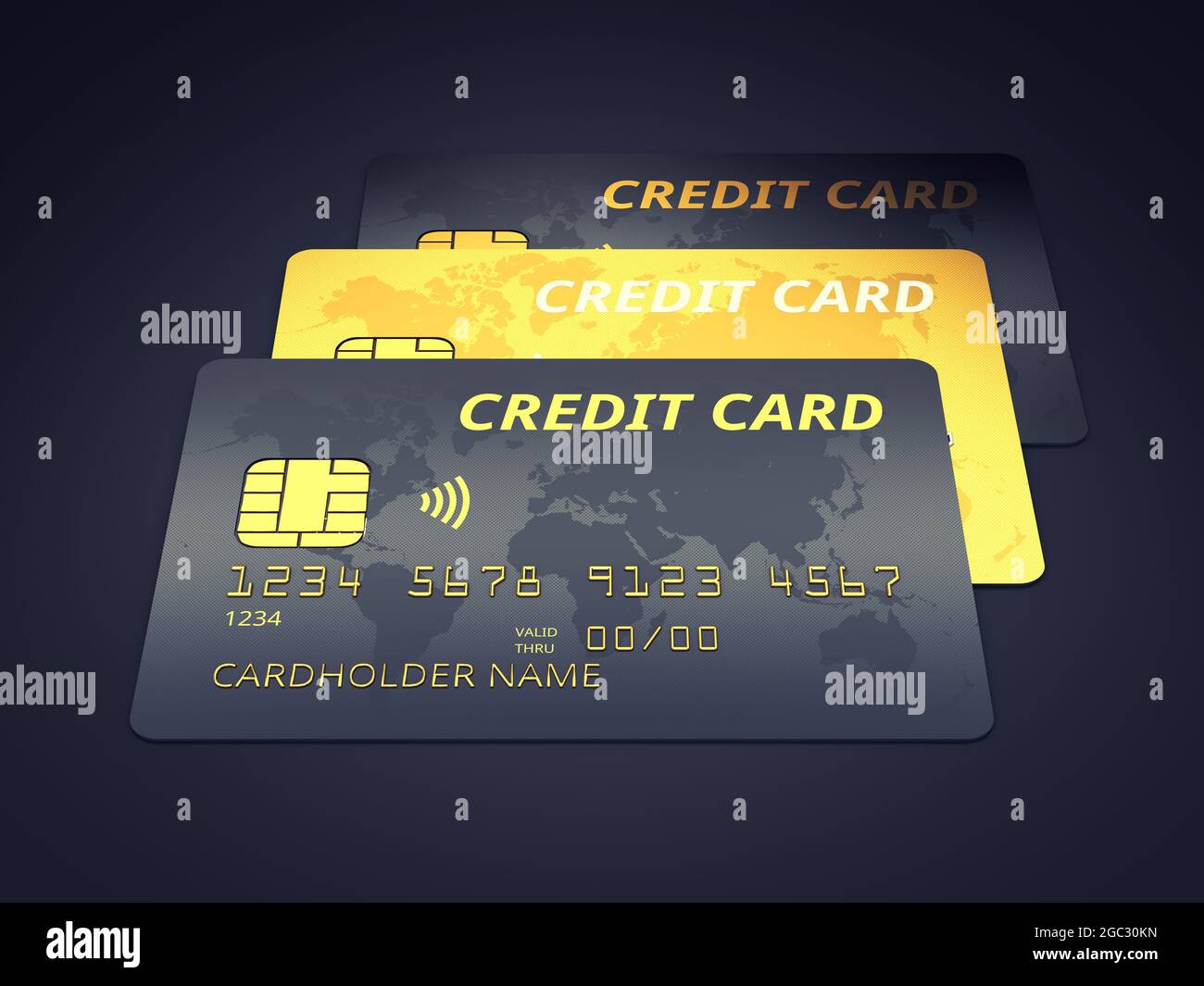 Black and gold contactless credit cards on dark background. Contactless ...
