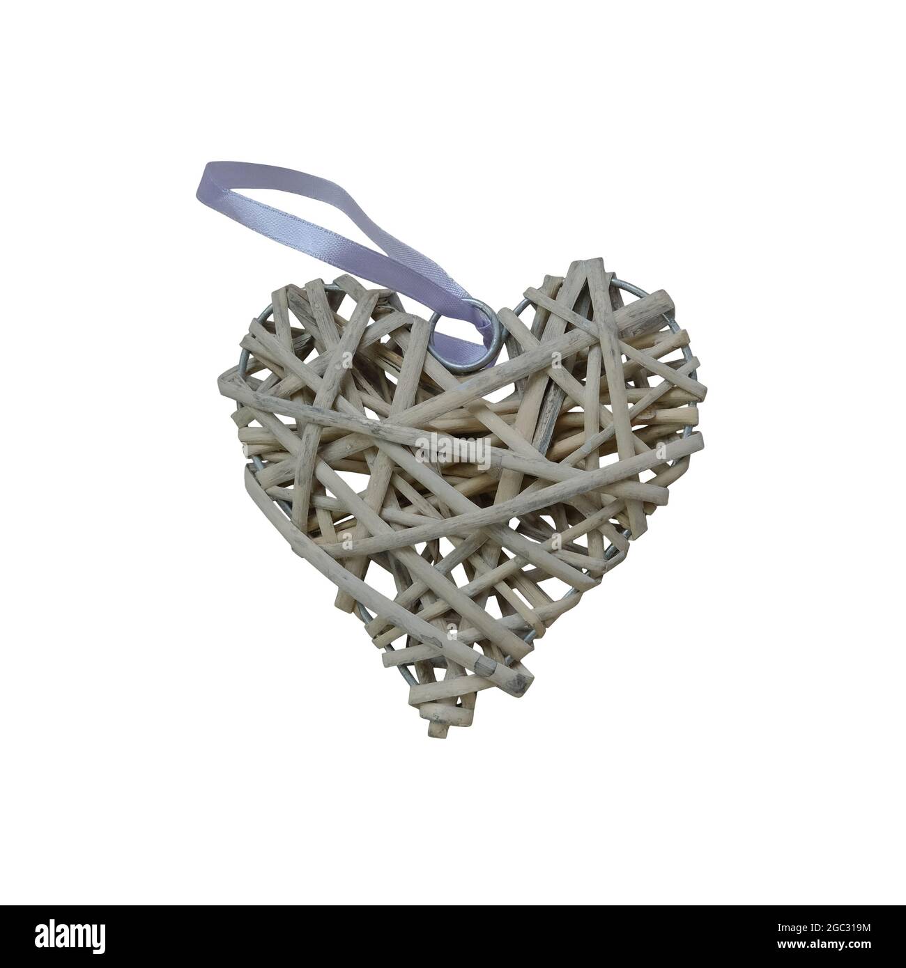 Decorative wicker heart with a light violet ribbon cutout on the white ...