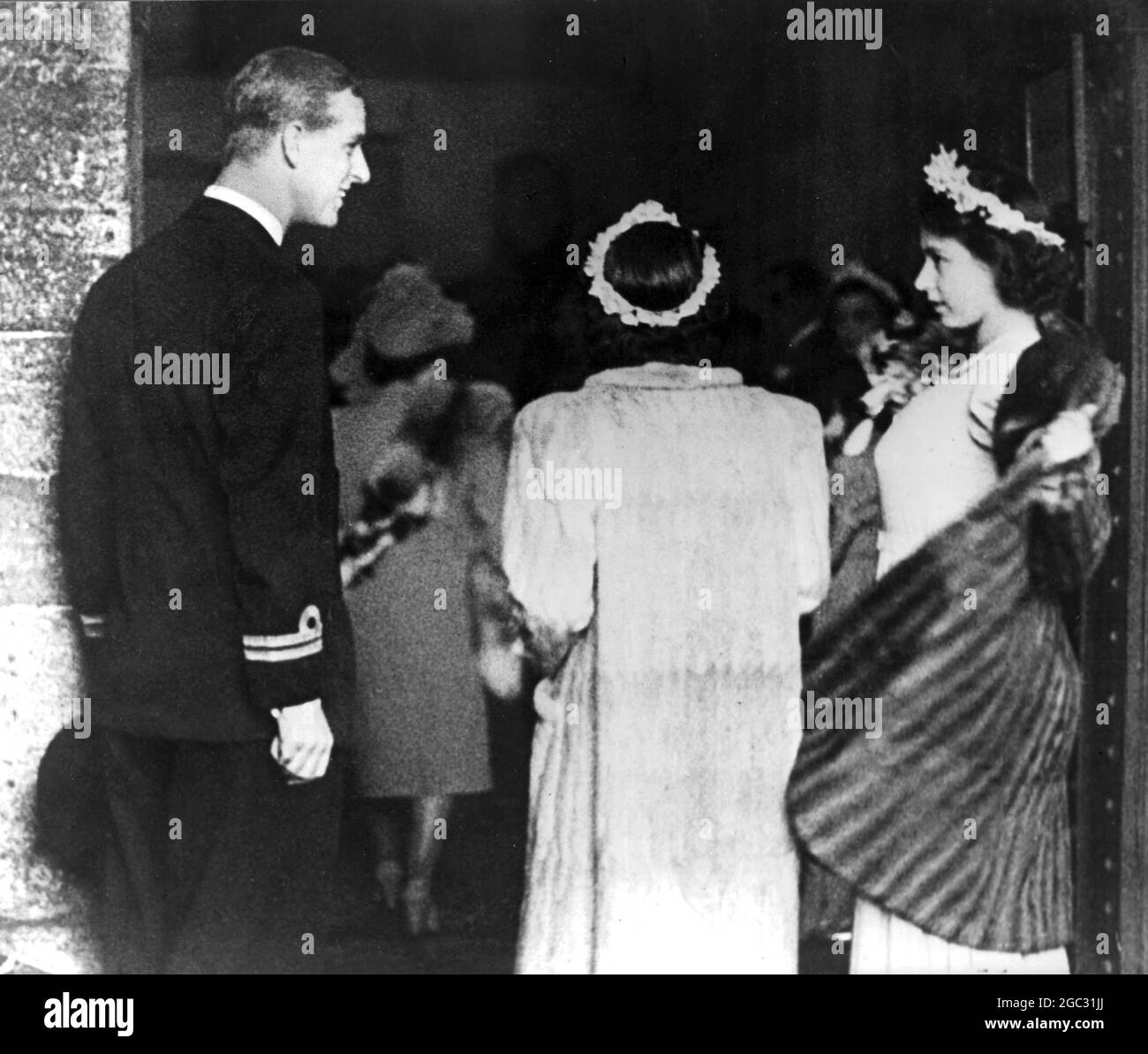 Princess Elizabeth and Lieutenant Philip Mountbatten at the wedding of Lady Patricia Mountbatten ...