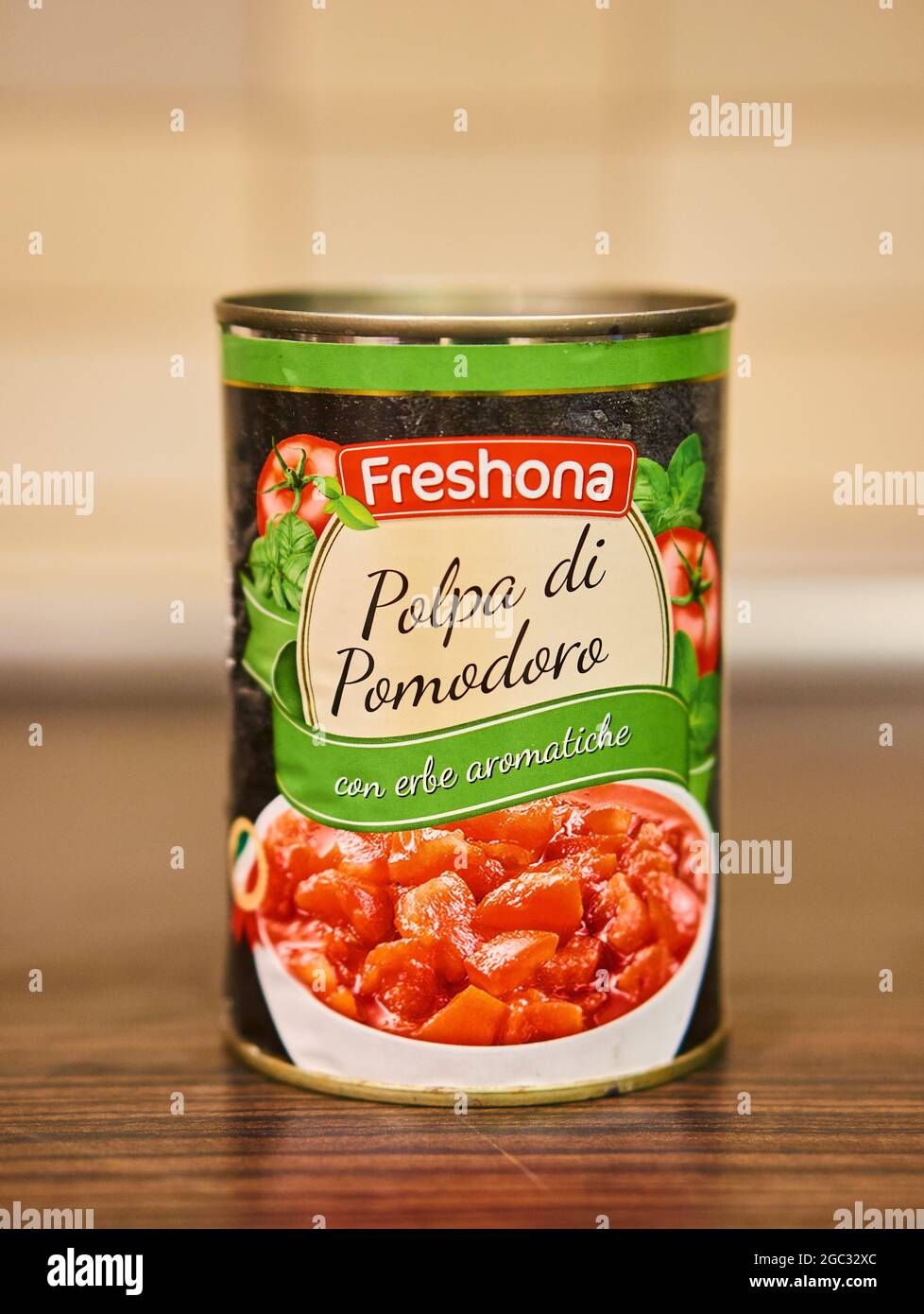 POZNAN, POLAND - Nov 22, 2017: A Freshona conserved cut tomato in can ...