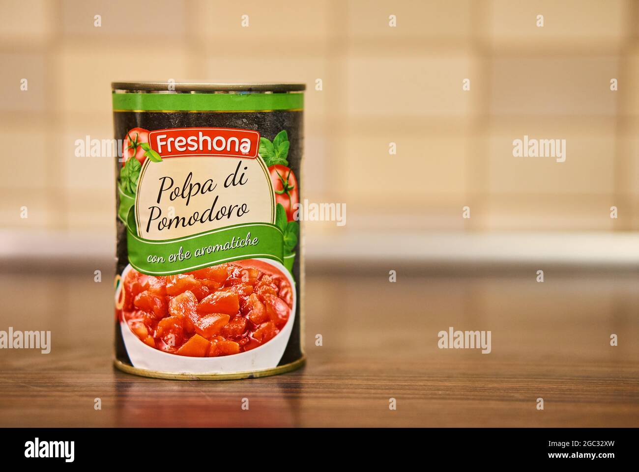POZNAN, POLAND - Nov 22, 2017: A Freshona conserved cut tomato in a can ...