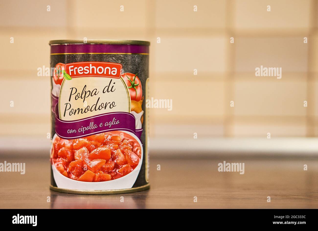 POZNAN, POLAND - Nov 22, 2017: A Freshona conserved cut tomato in can ...