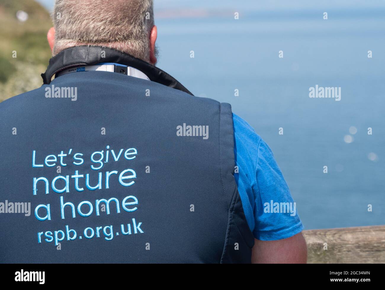 A rear view of an RSPB warden looking out to sea at Bempton Nature ...