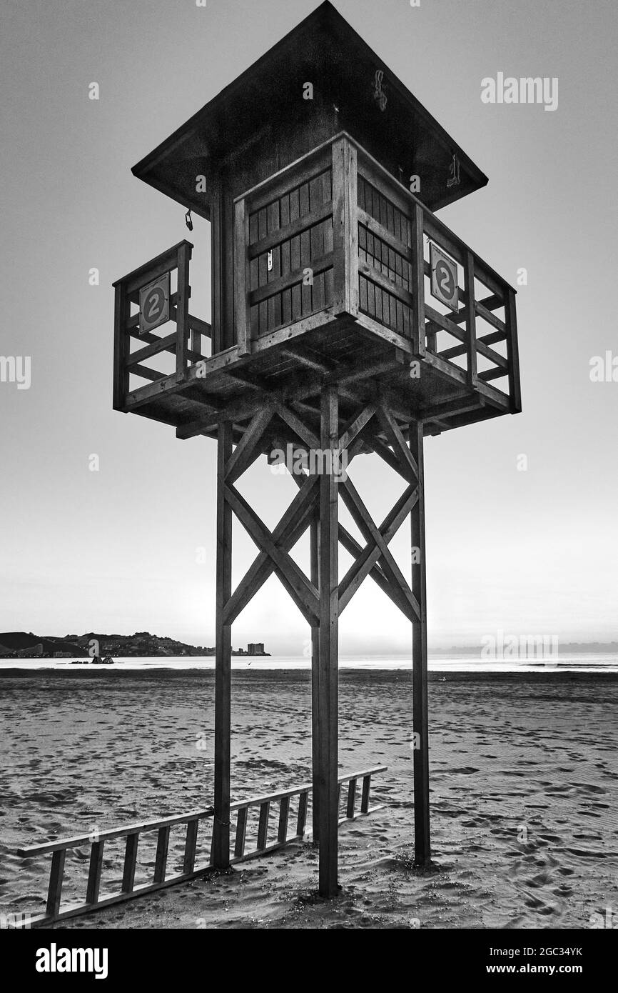 Grayscale of a wooden observation tower on the beach for a long ...