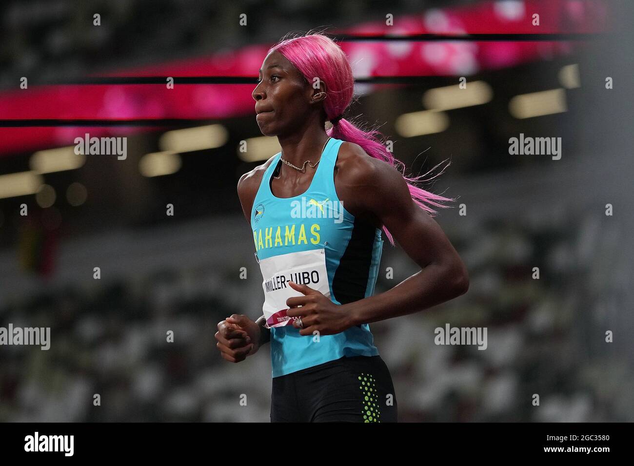 Tokyo, Japan. 6th Aug, 2021. Shaunae Miller-Uibo of Bahamas reacts ...